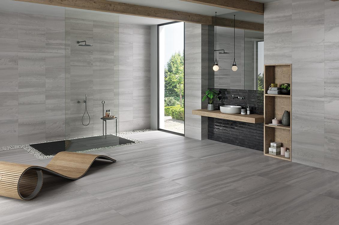 Metal-effect porcelain stoneware for a rustic industrial style